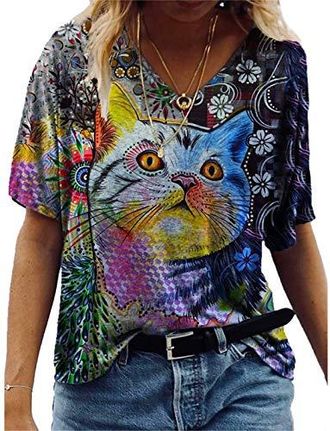 Onsoyours Femme T-Shirt Loose Manches Courtes Tops Été Blouse Rayures Casual Chic Impression en 3D Tee Shirt avec Poches G Noir 3XL