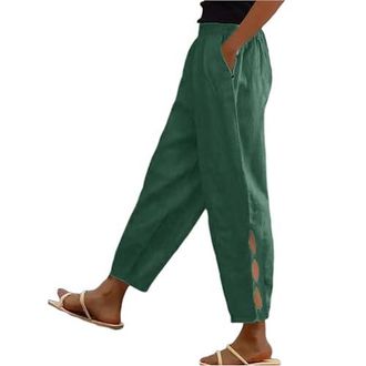 Generic Pantalon en lin pour femme - Pantalon d&eacute;t&eacute; en coton et lin - Taille &eacute;lastique - Jambe droite - Pantalon d&eacute;t&eacute; en coton avec poches - Pantalon de plage 
