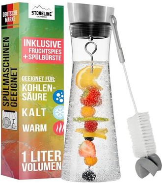 STONELINE Carafe Eau en Verre Borosilicate avec Couvercle 1 L, Transparent R&eacute;sistant &agrave; la Chaleur, Cruche Pichet avec Brochette Fruits Brosse pour Boissons Chau