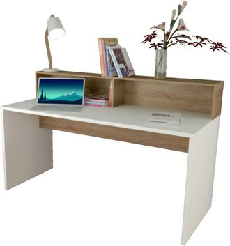 PEGANE Table de bureau dordinateur coloris Blanc/ch&ecirc;ne - Hauteur 102 x Longueur 160 x Profondeur 67 cm