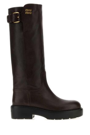 Miu Miu Buckle-Strap Buffalo Leather Boot - Black