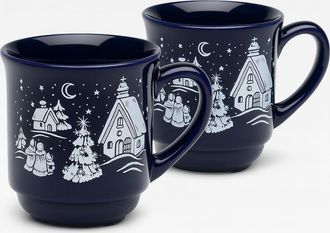 Van Well Gl&uuml;hweinbecher 0,2l geeicht aus Steingut im 2er-Set, kobaltblau - stapelbar, sp&uuml;lmaschinen- & mikrowellengeeignet - robuste Au&szlig;eneiche, ideal f&uuml;r Gl&uuml;h