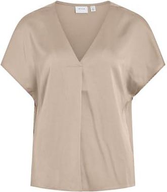 Vila Vila Viellette Haut en Satin S/S à col en V - Noos Chemisier à Manches Courtes, Ciment, 42 Femmes