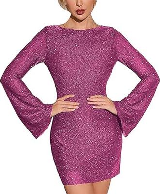 Generic Robe de couleur unie &agrave; paillettes dos nu &agrave; manches longues brillantes et moulantes pour femme, RD1., XXL