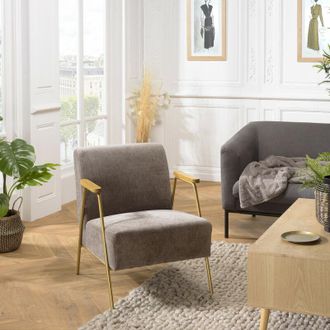 Macabane Macabane - agathe - Fauteuil lounge tissu taupe m&eacute;tal dor&eacute; accoudoirs bois