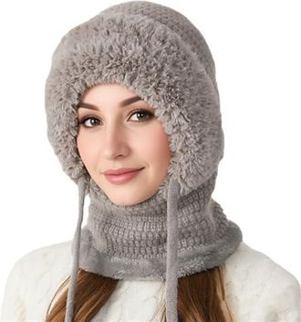 Generic Bonnet Femme 3 Bonnets en Maille &eacute;paisse doubl&eacute;e Peluche Chaude dhiver, &agrave; Capuche et &eacute;charpe incluses, Gris, Taille Unique