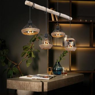 ETC Shop Lampe suspendue poutre en bois corde de chanvre lampe de salle à manger design cage en bois rétro suspendue 4 ampoules, câble noir, 4x E27, LxPxH