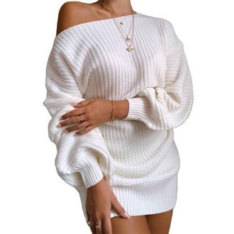 Generic Robe pull &agrave; manches longues et &eacute;paules d&eacute;nud&eacute;es pour femme, robe d&eacute;contract&eacute;e &agrave; manches longues en tricot &eacute;pais pour lautomne et lhiver, blanc, 4XL