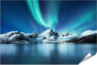 Islandburner Poster Aurora Borealis Lofoten Inseln Norwegen Nordlichter Berge Reflexion Wa - Poster 90x60cm