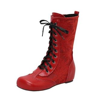 Generic Bottes &agrave; lacets pour femme - Talon plat - Style d&eacute;contract&eacute; - Polyvalentes - Bout rond - Confortables - Coupe large - Pour lautomne et lhiver, Rouge, 