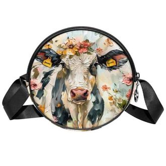 Generic Sac &agrave; bandouli&egrave;re rond pour femme, motif vache et tournesol avec fermeture &eacute;clair et bretelles r&eacute;glables