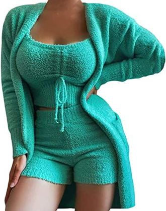 ORANDESIGNE Ensemble Pyjama Femme 3 Pièces Polaire Hiver Chaud Gilet Fausse Fourrure + Camisole Crop Top + Short Casual Outfit Couleur Unie Loungewear Suits Vêtem