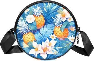 Generic Sac &agrave; bandouli&egrave;re rond pour femme, motif fleurs dananas avec fermeture &eacute;clair, bretelles r&eacute;glables, sac &agrave; main rond d&eacute;contract&eacute; pour femmes et filles