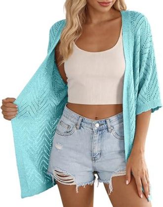 Generic Robe boh&egrave;me &eacute;l&eacute;gante &agrave; manches courtes pour femme, kimono en tricot l&eacute;ger, bleu clair, XS