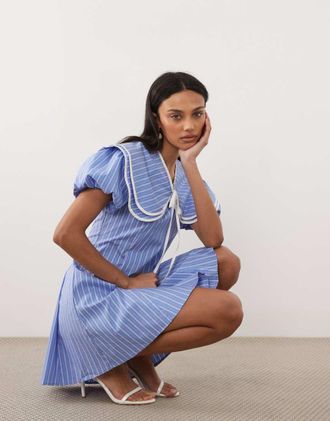 Sister Jane Sister Jane - Minikleid in Blau gestreift mit hohem Baumwollanteil, Puff&auml;rmeln und Oversize-Kragen