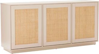 Oviala Meuble TV effet bois 3 portes en rotin L 160 cm cr&egrave;me