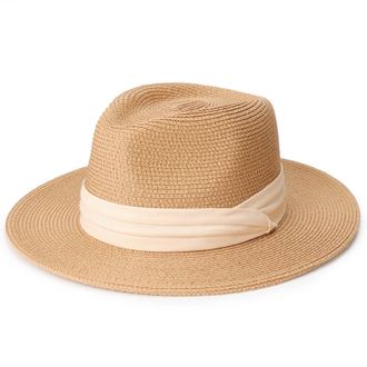 Dreshow Damen Panama Hut Breiter Krempe Stroh Sommer Fedora Strohhut Panama Aufrollen Hut Strand Rollbar UV Sonnenhut UPF 50 +