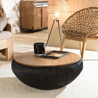 Macabane Macabane - sixtine - Table basse ronde 80x80cm en rotin noir plateau amovible