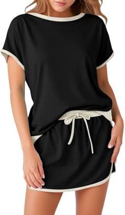 Generic Ensemble de salon 2 pi&egrave;ces pour femme avec jupe et jupe aux couleurs contrast&eacute;es, ensemble t-shirt et jupe, ensemble de surv&ecirc;tement d&eacute;t&eacute; assorti, Noir