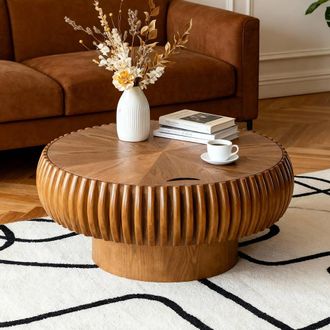 Generic Moderner Runder Geriffelter Couchtisch F&uuml;r Wohnzimmer Handgefertigter Trommel-Couchtisch Runde Mitteltische Mit Stabilem Sockel Geriffelte Runde Beist