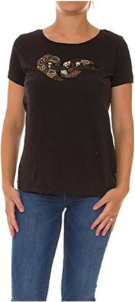 Pepe Jeans London Femme, Tops, Noir, Taille: 36 FR T-shirt noir &agrave; manches courtes en coton avec impression de perles et paillettes