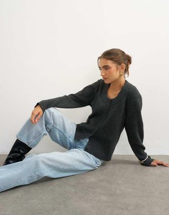 Topshop gilet en maille &agrave; col rond en Coal-Gris