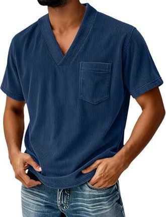 Generic T-shirts en velours c&ocirc;tel&eacute; pour homme avec col en V, manches courtes, pull uni tendance avec poche de poitrine, grande taille, doux, respirant, d&eacute;cont