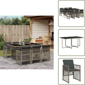 vidaXL 7-tlg. Garten-Essgruppe mit Kissen Grau Poly Rattan - Garten Essgruppe - Garten Essgruppen - Outdoor Essgruppe - Terrasse Essgruppe