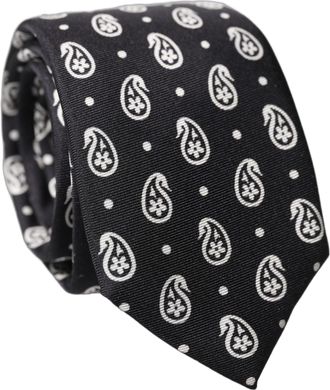 Dolce & Gabbana Black Paisley Silk Adjustable Men Tied Necktie Tie And White