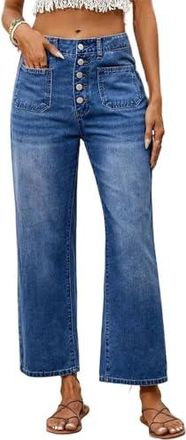 Generic Jeans en denim &agrave; jambe droite pour femme avec fermeture &agrave; plusieurs boutons, style vintage d&eacute;lav&eacute;, bleu, XL