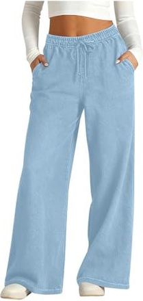 Generic Pantalon de jogging &agrave; jambe large pour femme - Taille haute &eacute;lastique - Pantalon de jogging droit r&eacute;tro d&eacute;lav&eacute; - Pantalon en jean d&eacute;contract&eacute; &agrave; enfile