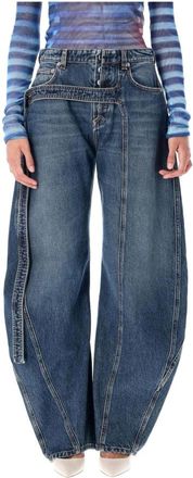 Jean Paul Gaultier Femme, Jeans, Bleu, Taille: W27 Pantalon en denim &agrave; jambes larges avec d&eacute;tail superpos&eacute;