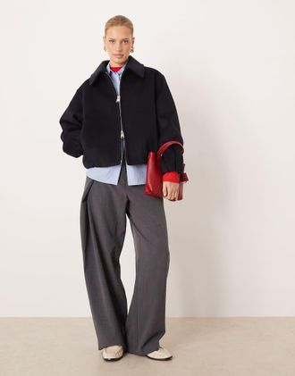 Mango Blouson Harrington oversize &agrave; ourlet boule - Bleu marine