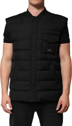 Dolce & Gabbana Mens Black Sleeveless Parka Logo Plaque Jacket Polyester Viscose Clothing