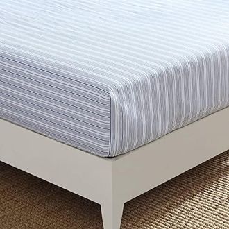 Nautica Spannbettlaken für Doppelbett, Baumwoll-Perkal-Bettwäsche, knackig und cool, lässige Heimdekoration (blau gestreift, Doppelbett)