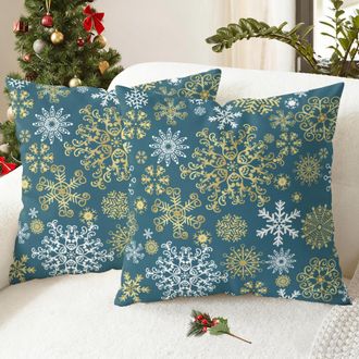CaliTime Kissenbezüge Kissenhülle Packung mit 2 kuscheligen Fleece-Dekokissenbezügen Bezüge für Schlafsofa Weihnachten Schneeflocken Beidseitig 40cm x 40cm See