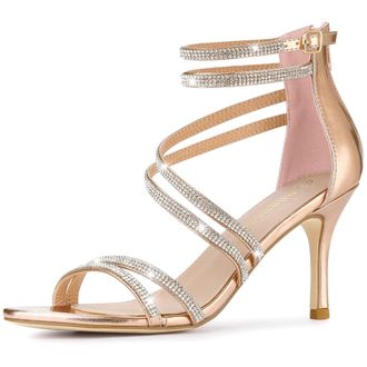 Allegra K Damen Kn&ouml;chelriemen Strass Stiletto Absatz Sandalen, Ros&eacute;gold, 39 EU