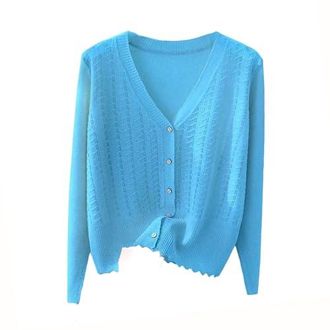 Generic Cardigan en soie pour femme - Chemisier dext&eacute;rieur ample - &Eacute;paules ajour&eacute;es - Petit ch&acirc;le - Haut en tricot, bleu lac, Taille XL