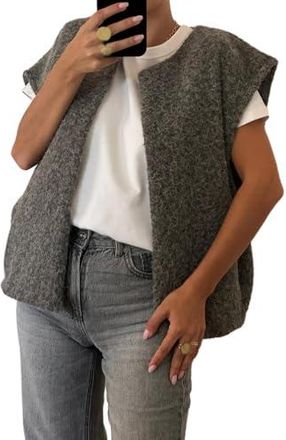 Minetom Gilet Polaire Femme Sans Manches Chaud Manteau Automne Hiver Casual Chaud Couleur Unie Veste Blouson A Gris M