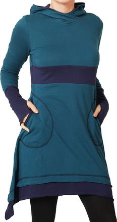 Purewonder Damen Kleid aus Baumwolle mit Zipfelkapuze dr37 Blau XXL