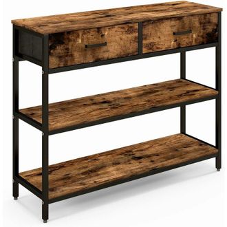Costway Table de Console Industrielle &agrave; 3 Niveaux avce 2 Tiroirs Pliables en Tissu, Meuble dEntr&eacute;e Cadre en M&eacute;tal avec 2 Kits Anti-basculement, Marron