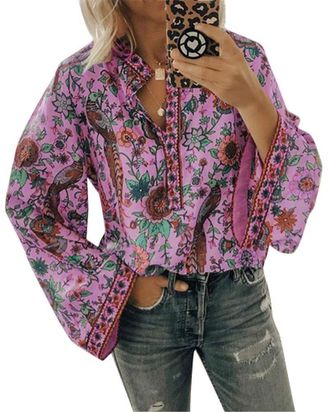 ORANDESIGNE Damen Vintage Bohemian Blusen Hippie Blumen Bluse Boho Tunika Elegante Oberteile Tops Langarm Shirt A Violett 3XL
