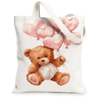 Generic Sacs fourre-tout en toile motif ours mignon, motif coeur, ballon, sacs d&eacute;picerie r&eacute;utilisables, printemps vintage, l&eacute;ger, lavable, blanc, 13x15 Inch