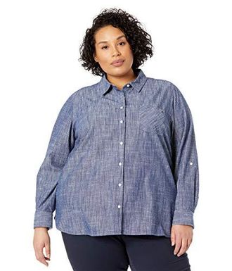 Tommy Hilfiger Classic Long Sleeve Roll Tab (Standard and Plus Size) Button Down Shirt Chemise à Bouton Bas, Chambray, S Femme