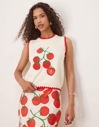 Never Fully Dressed Débardeur en maille à motif tomates et coutures contrastantes - Blanc