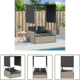 vidaXL vidaXL Chaise longue avec toit - Chaise longue double avec toit et rideaux gris clair poly rotin