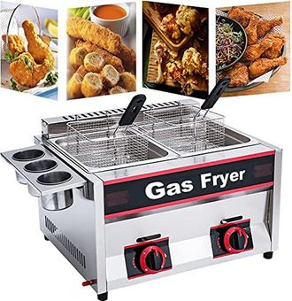 Generic Friteuse &agrave; gaz commerciale, friteuse &agrave; gaz en acier inoxydable, grande capacit&eacute; de 11 L, friteuse double avec paniers amovibles, puissance de feu r&eacute;gl
