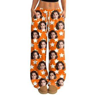 Generic Pantalon personnalis&eacute; avec photo de visage pour femme - Pantalon de jogging personnalis&eacute; avec cordon de serrage - Jambe droite, Orange, M