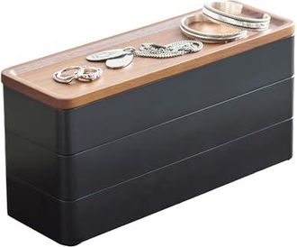 Yamazaki Tableware Yamazaki 5810 RIN 3-stöckige schmale Accessoirebox mit Deckel, schwarz, ABS-Harz/Holz, minimalistisch, 24 x 8 x 11.5 cm