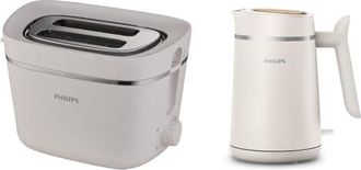 Philips Toaster Eco Conscious Edition - 2 Toastschlitze, 8 Stufen, Brötchenaufsatz, seidenweiß-matt (HD2640/10) & Philips Wasserkocher - Eco Conscious Edition